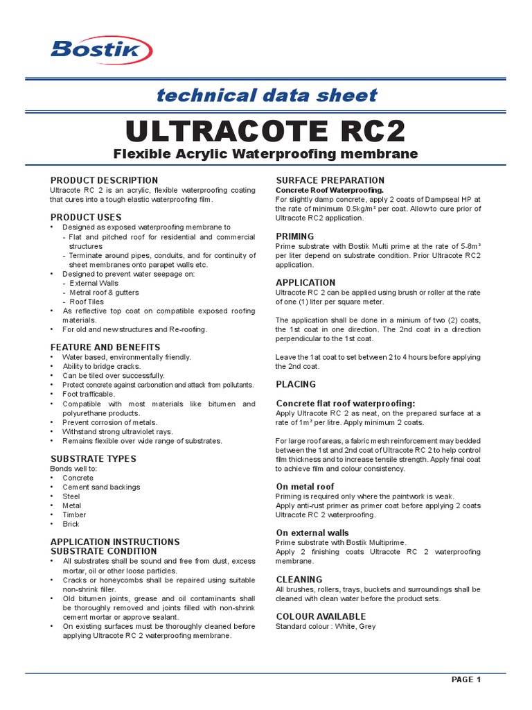 (Pds b.02 005) Bostik Ultracote Rc2 | PDF | Roof | Concrete
