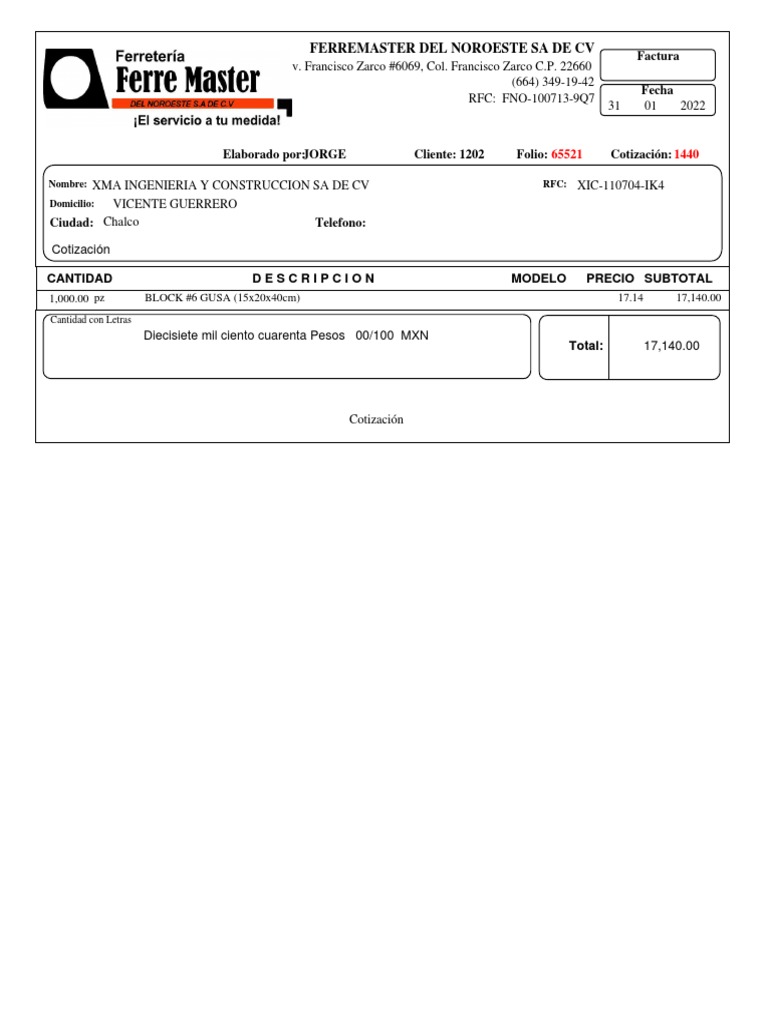 Cotización de Block Gusa para XMA | PDF