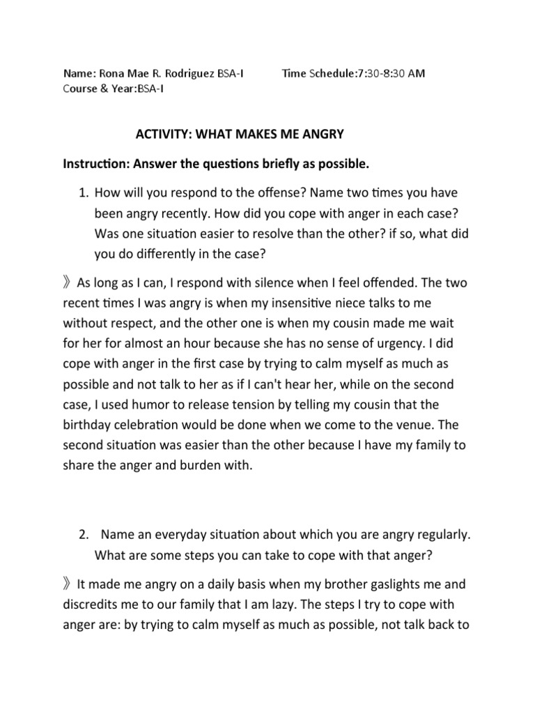 Activity: What Makes Me Angry Instruction: Answer The Questions Briefly ...