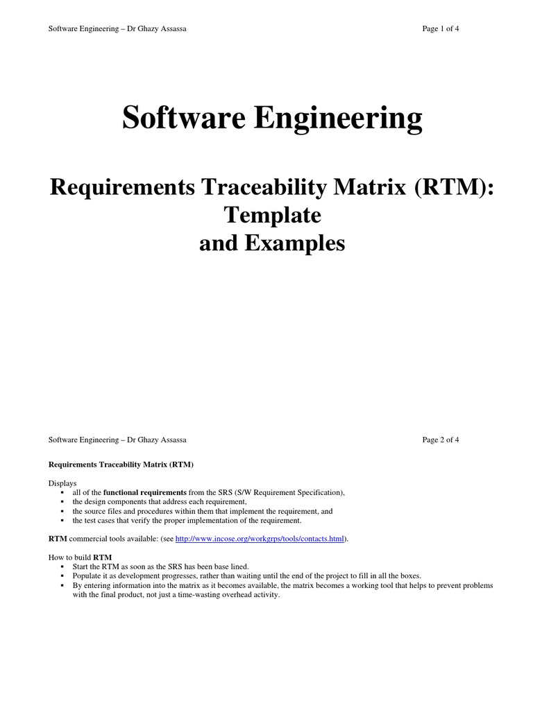 Software Engineering: Requirements Traceability Matrix (RTM) : Template ...