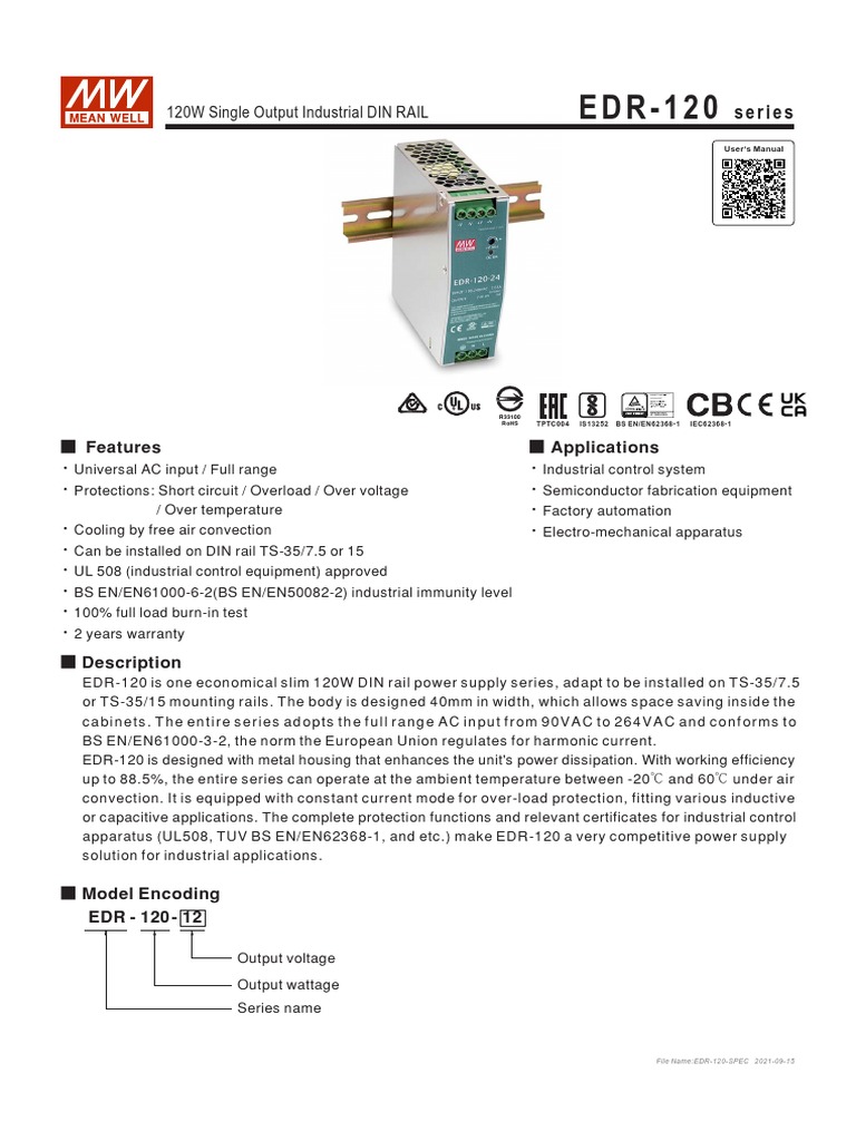 120W Single Output Industrial DIN RAIL: Series | PDF | Power Supply | Rectifier