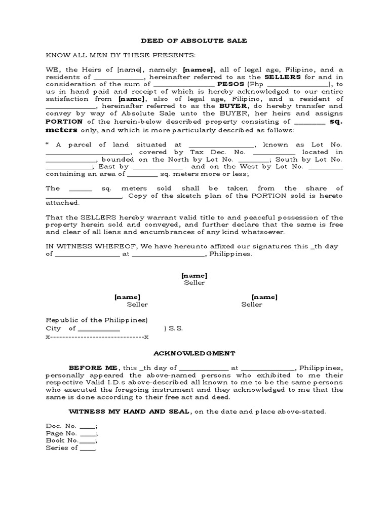 DEED OF ABSOLUTE SALE Sample | PDF | Deed | Power Of Attorney