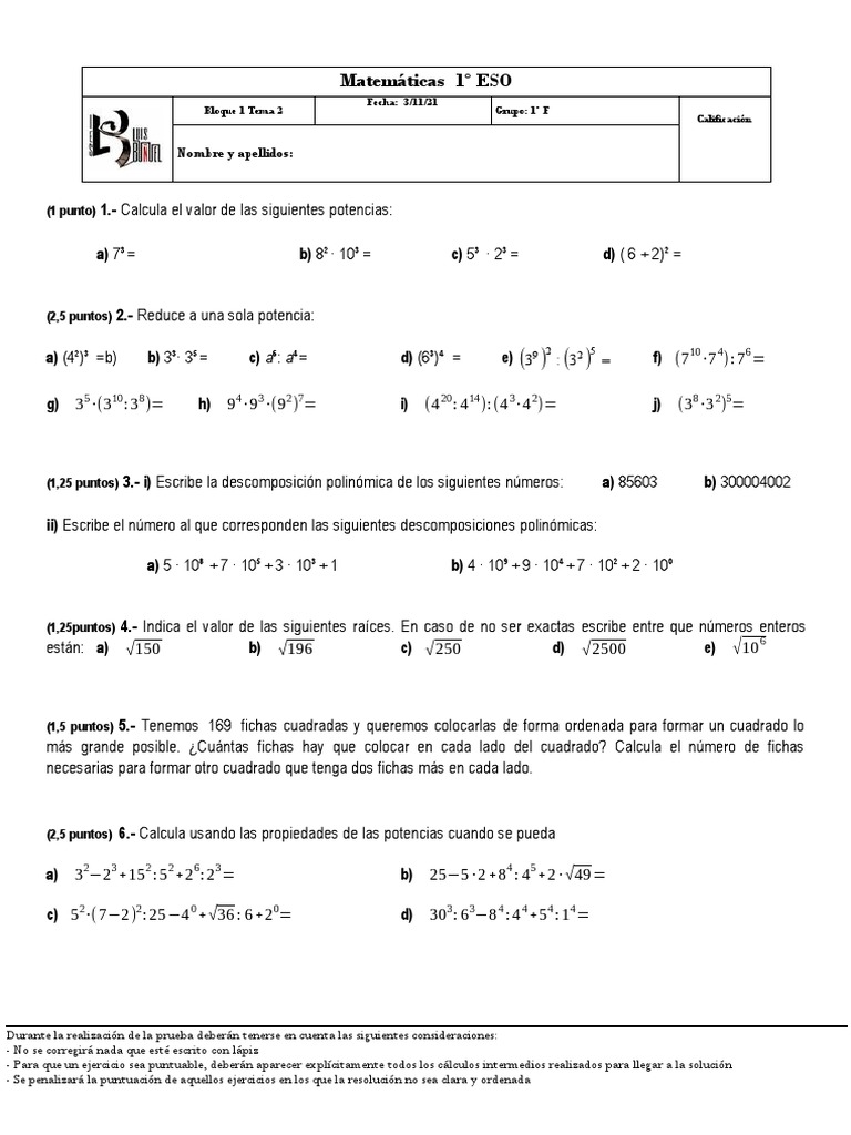 Examen Tema 2 Potencias y Raices | PDF | Matemáticas