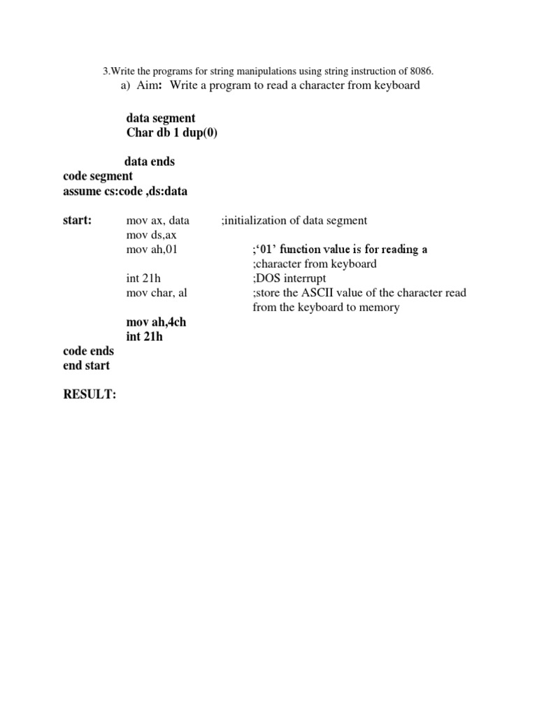 Data Segment Char Db 1 Dup 0 Data Ends Code Segment Assume Cscode Dsdata Start Pdf 
