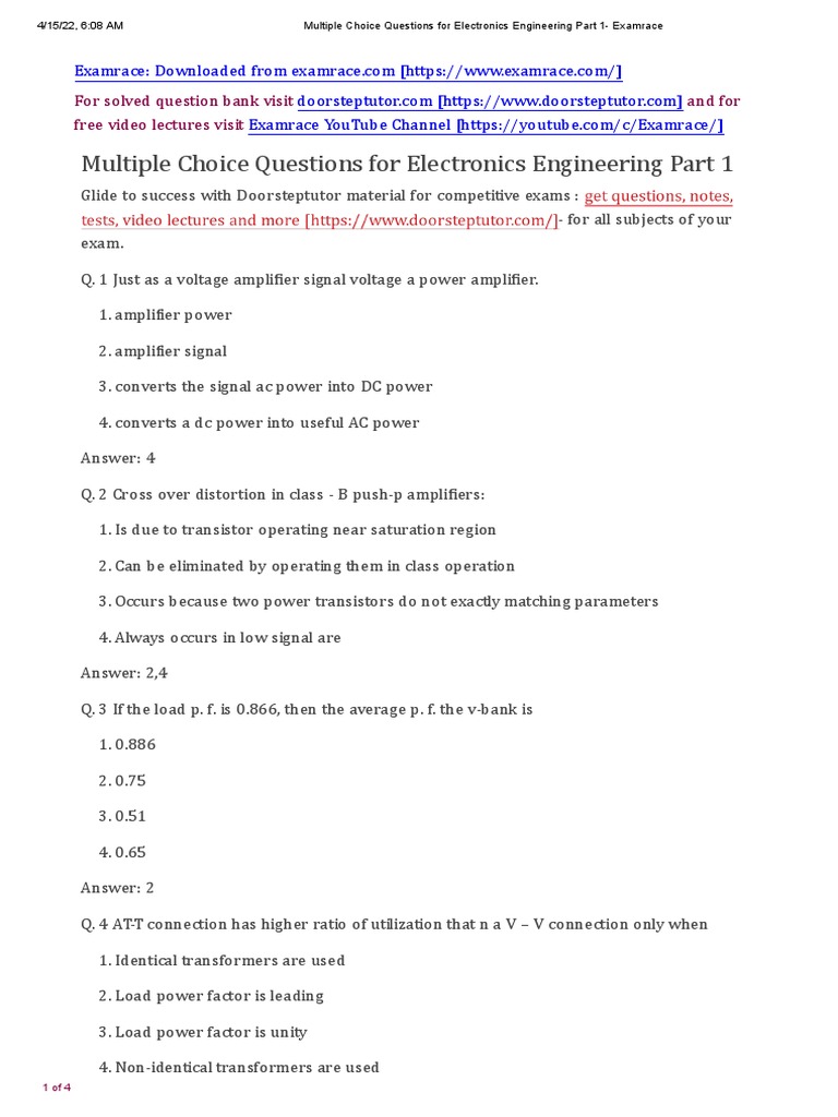 Multiple Choice Questions For Electronics Engineering Part 1 | PDF ...