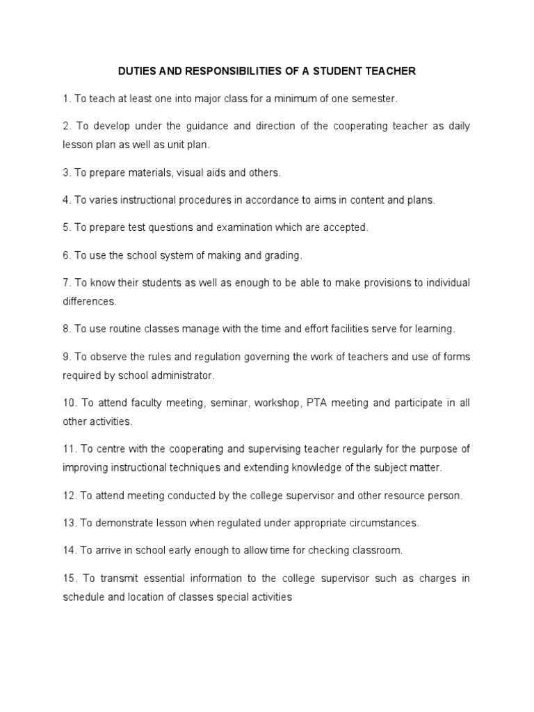 Duties and Responsibilities of A Student Teacher | PDF | Teachers ...