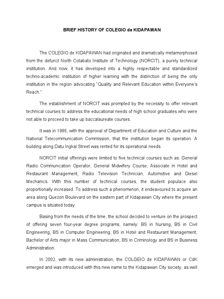 BRIEF HISTORY OF COLEGIO de KIDAPAWAN | PDF