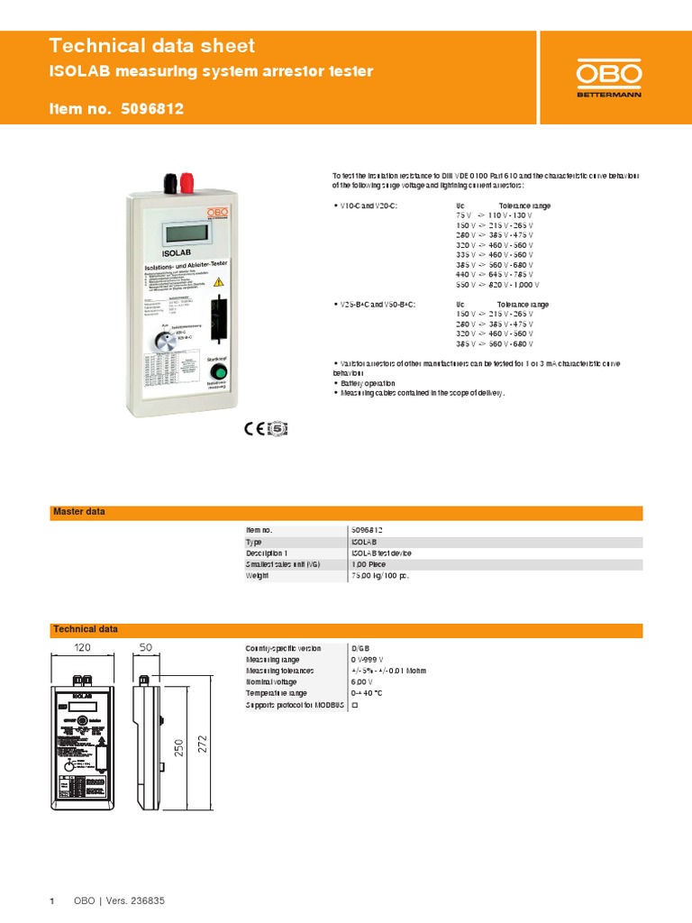 Technical Data Sheet: ISOLAB Measuring System Arrestor Tester Item No ...