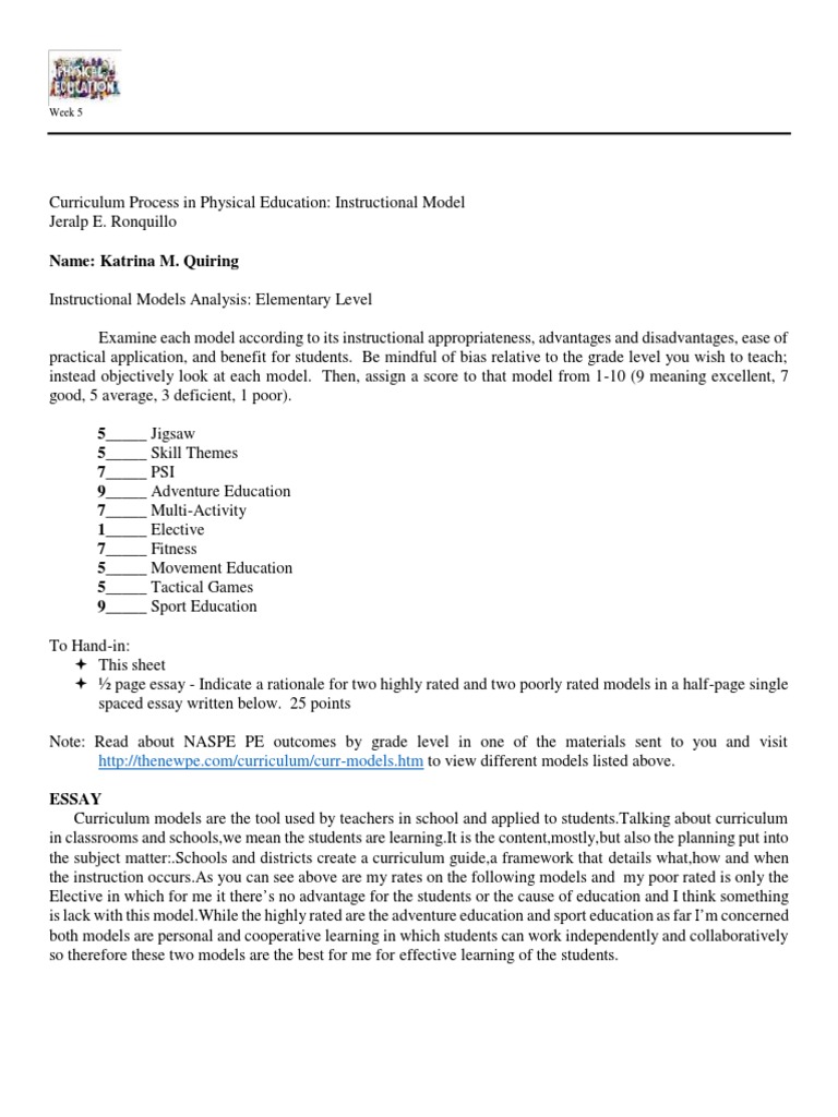 Week 5 - Elementary Instructional Model Analysis | PDF | Self-Improvement