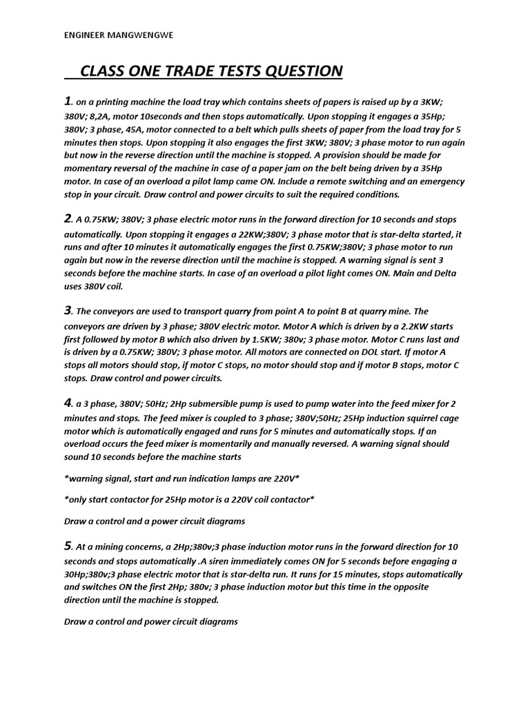 Class One Trade Tests Question: Engineer Mangwengwe | PDF | Electric ...