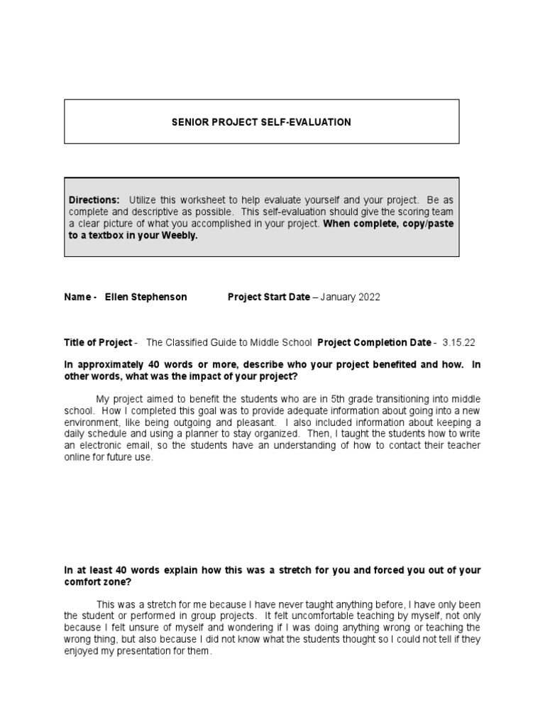 Ellen Stephenson - Self-Evaluation | PDF