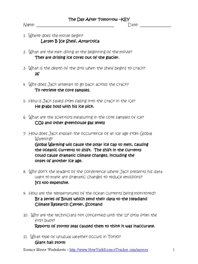 The Day After Tomorrow Worksheet Answers | PDF | Climate Change | Ice