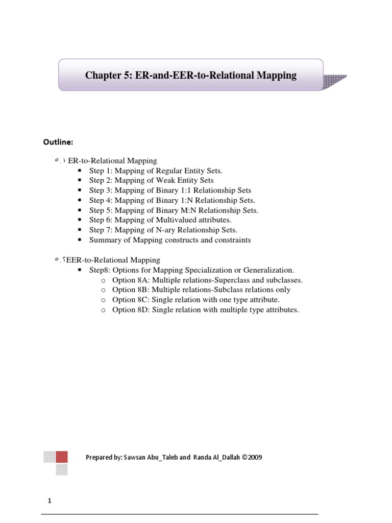 Chapter 5: ER-and-EER-to-Relational Mapping: Outline | PDF | Relational ...