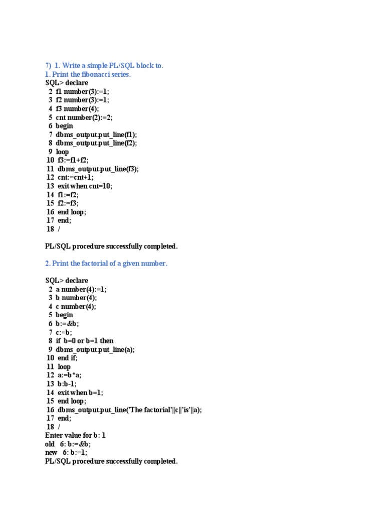 7) 1. Write A Simple PL/SQL Block To. 1. Print The Fibonacci Series ...