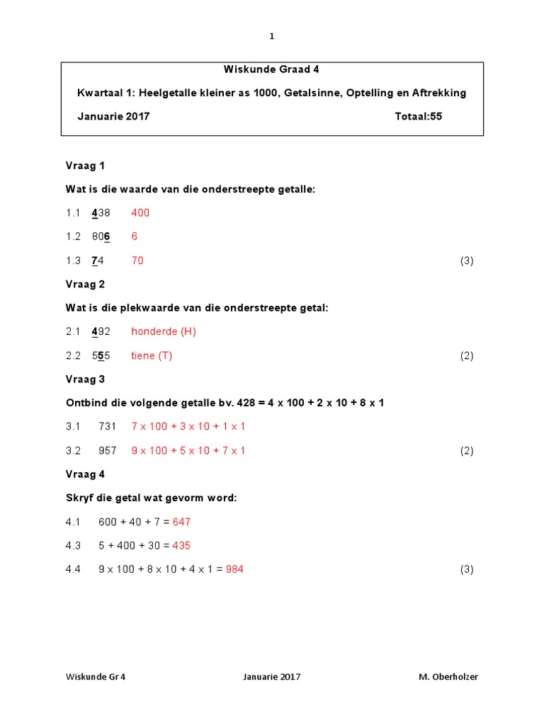 GR 4 Kwartaal 1 Heelgetalle Getalsinne Optelling en Aftrekking MEMO | PDF