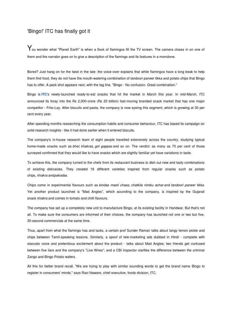 ITC's Bingo: Innovative Snack Launch | PDF | Advertising | Mass Media