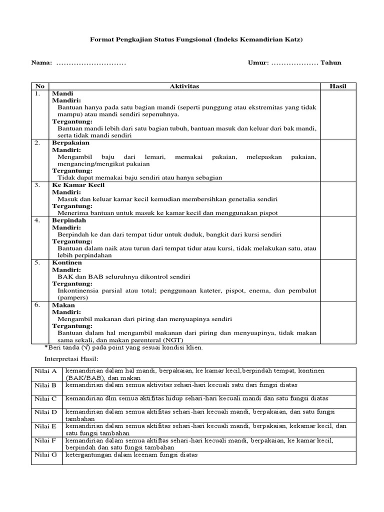 Format Pengkajian Status Fungsional Indeks Katz | PDF