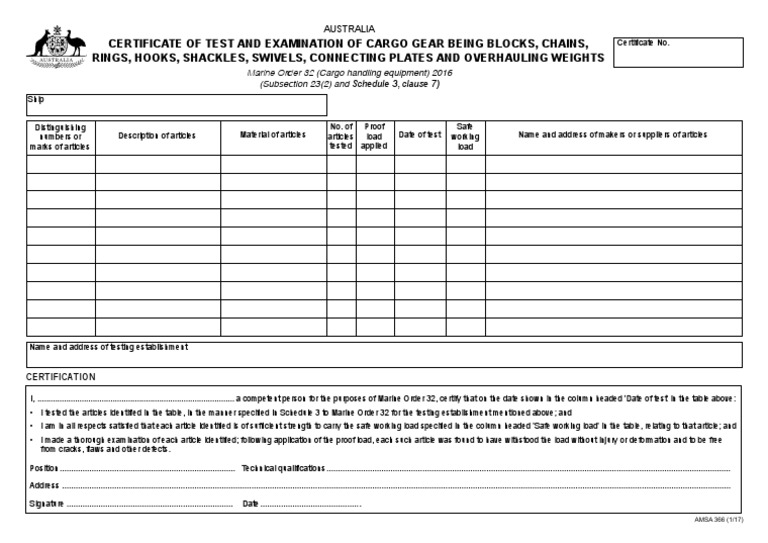 Certificate of Test and Examination of Cargo Gear Being Blocks, Chains ...