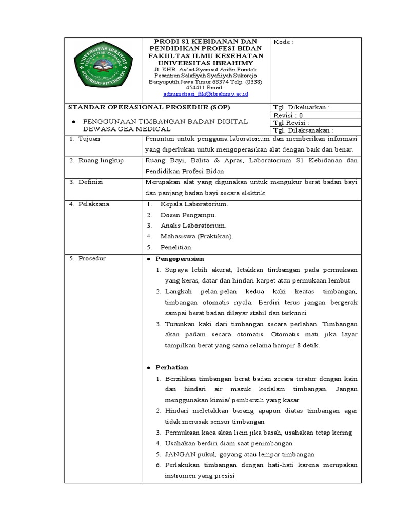 Sop Penggunaan Timbangan Badan Digital Dewasa (Fix) | PDF