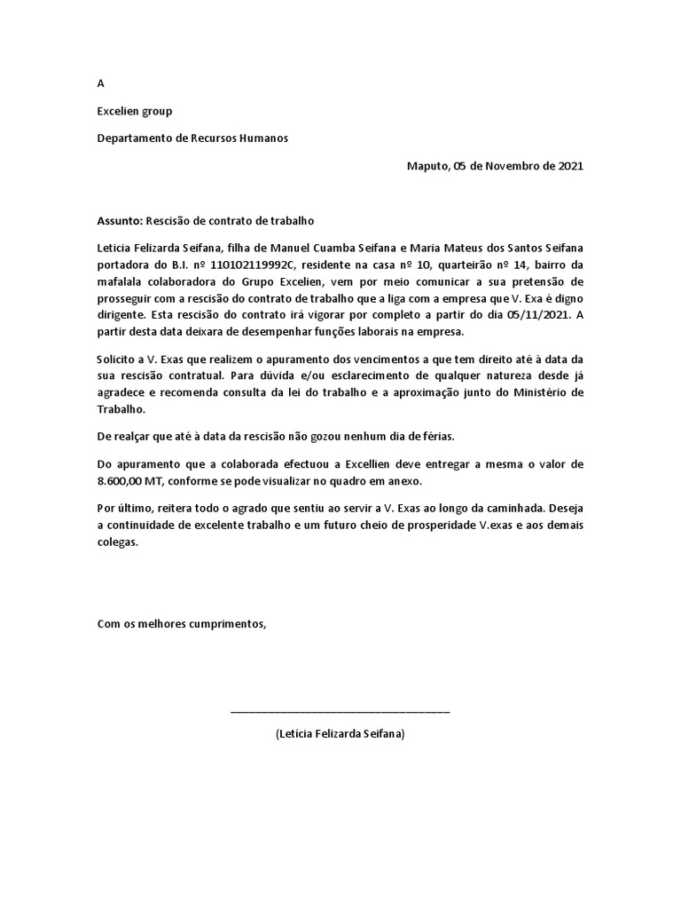 Carta de Rescisão de Contrato de Trabalho | PDF