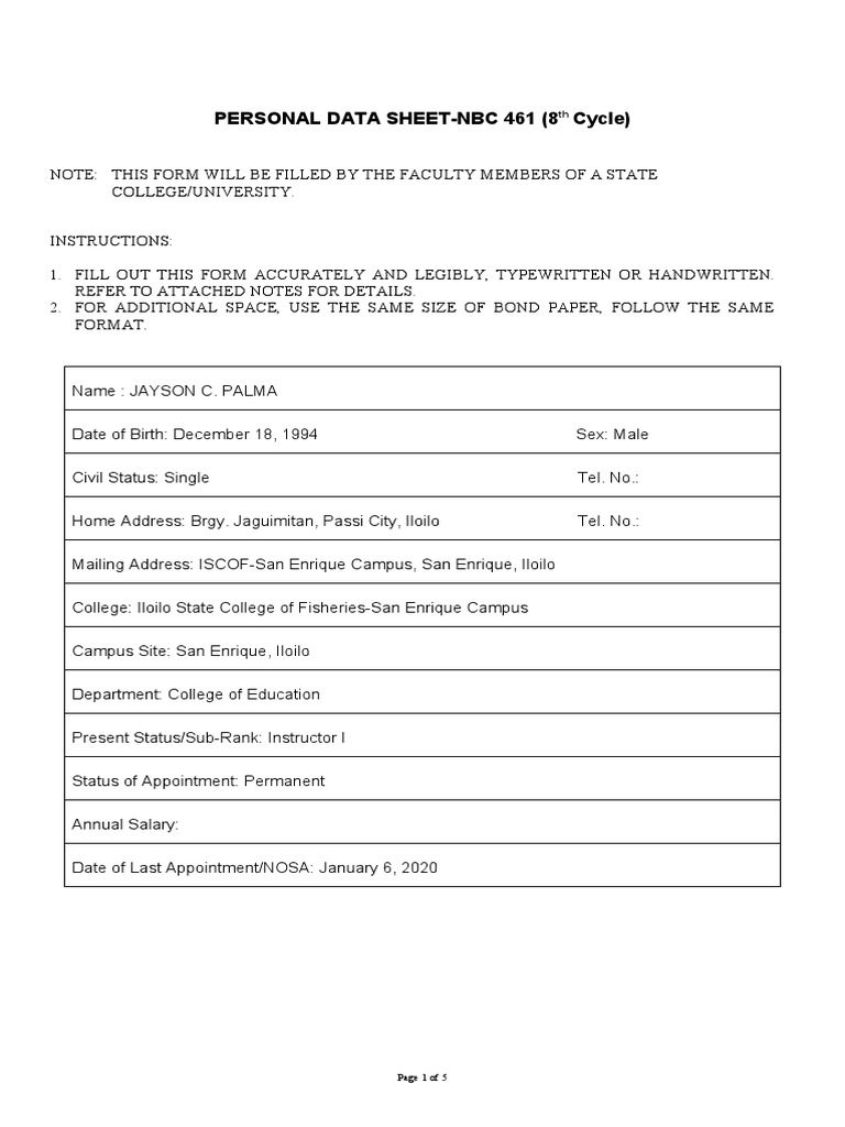 Personal Data Sheet-Nbc 461 (8 Cycle) : Page 1 of 5 | PDF | Academic ...