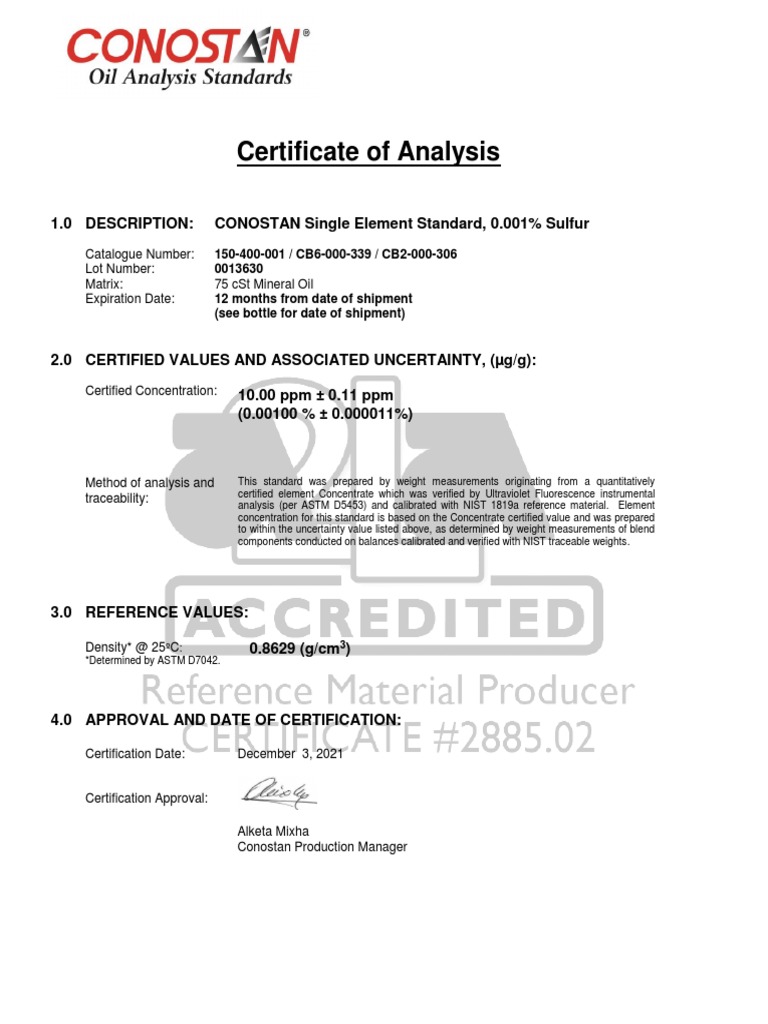 Certificate of Analysis: 1.0 Description: CONOSTAN Single Element ...