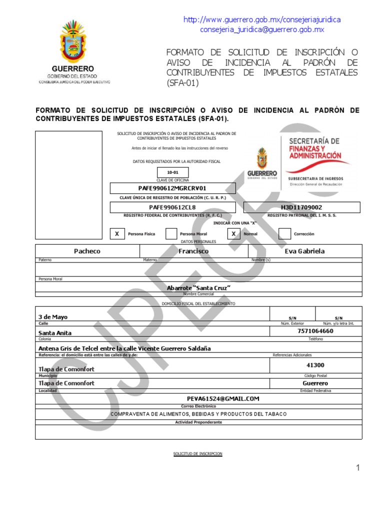 Formato SFA-01 para Contribuyentes | PDF