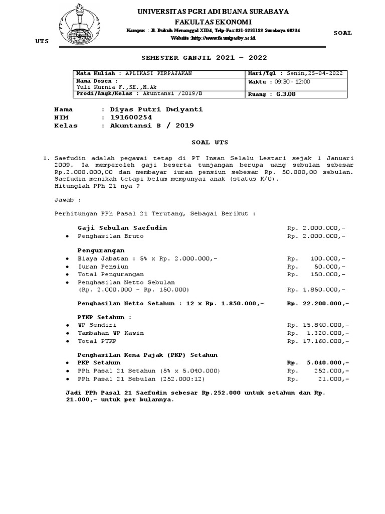 Diyas Putri Dwiyanti - 191600254 (UTS Apl. Perpajakan) | PDF