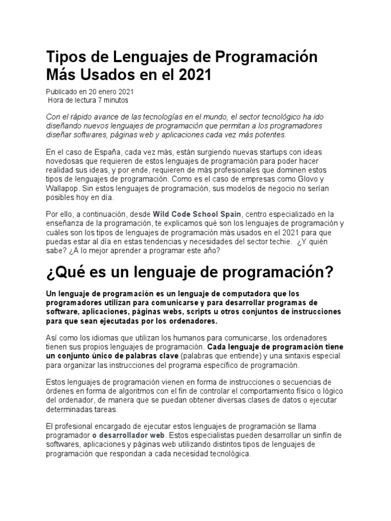 Tipos de Lenguajes de Programación Más Usados en El 2021 | PDF ...