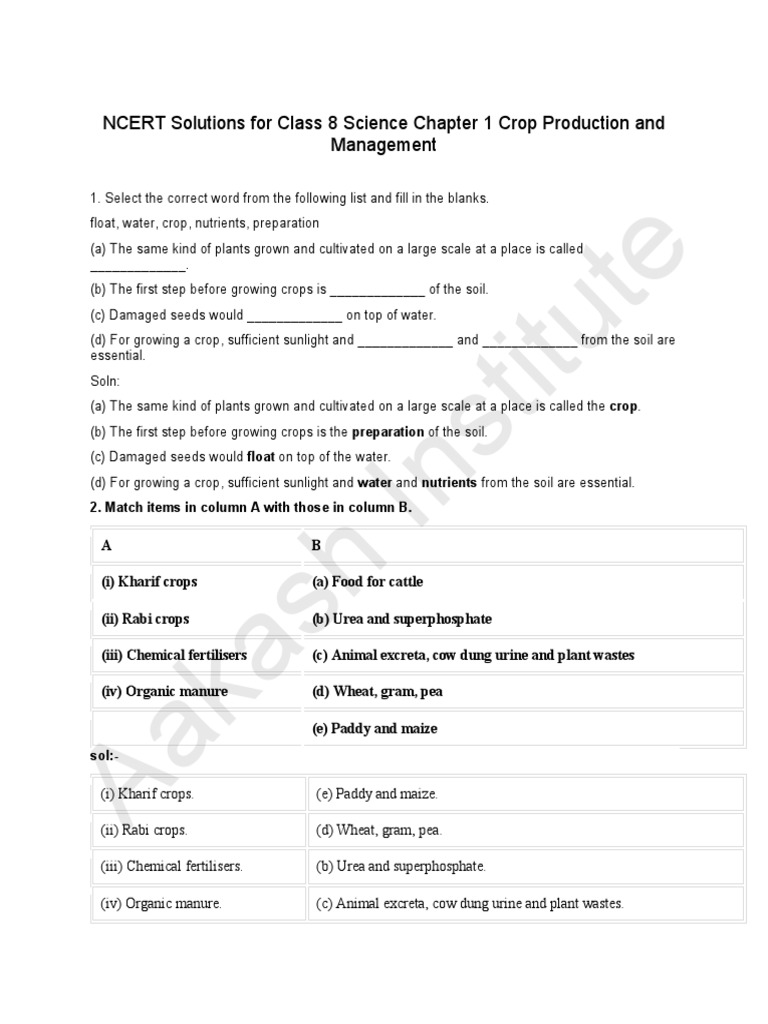 NCERT Solutions For Class 8 Science Chapter 1 Crop Production and ...