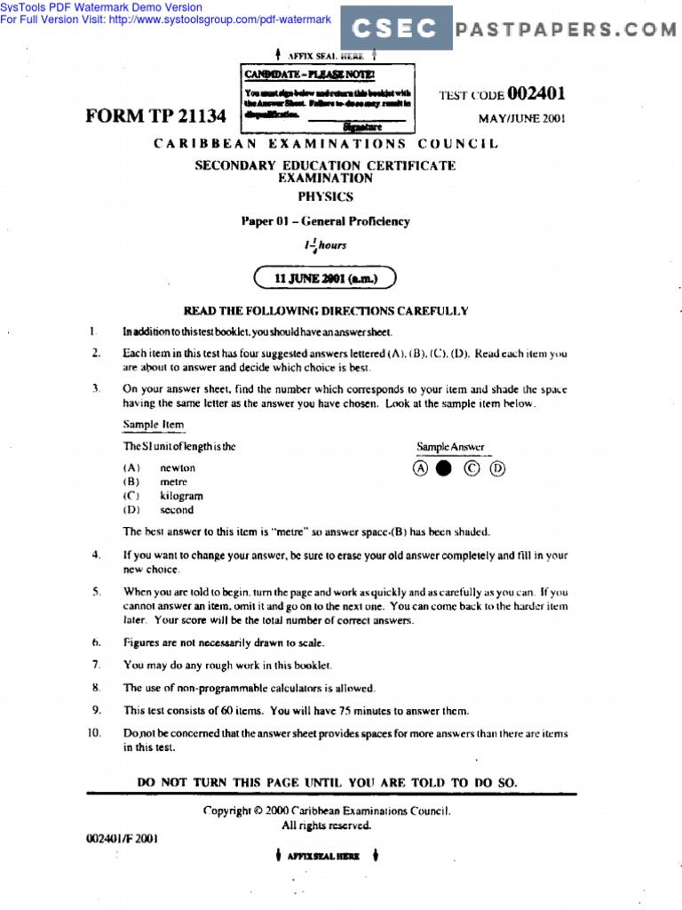 Physics June 2001 p1 | PDF | Force | Gases