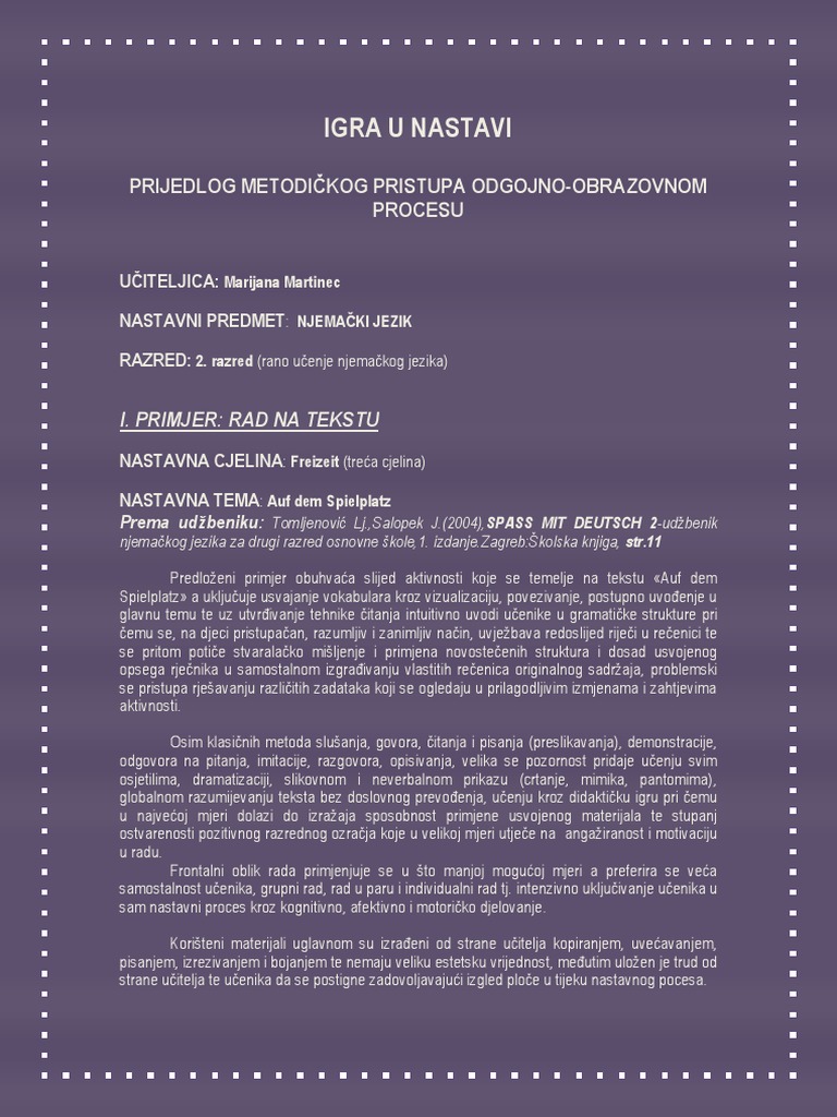 Igra U Nastavi - Prijedlog Metodickog Pristupa Odgojno-Obrazovnom ...