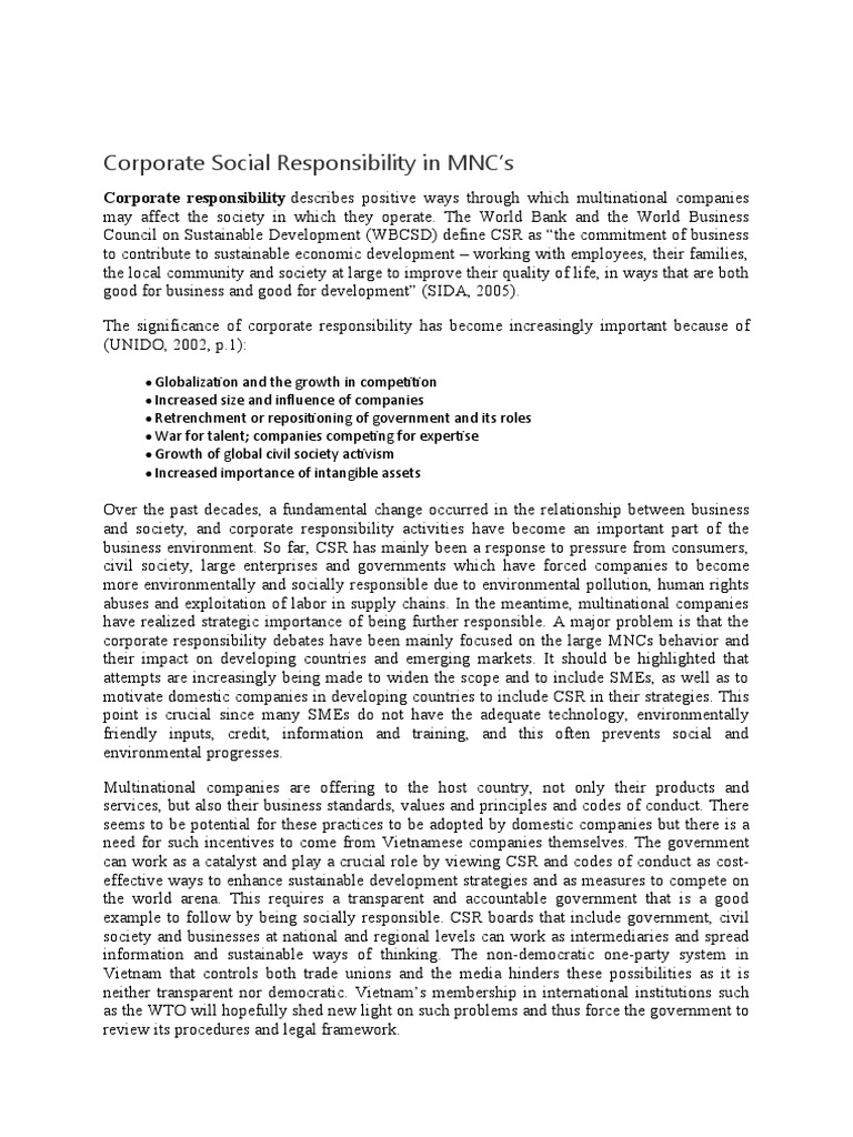 Corporate Social Responsibility of MNCs | PDF | Corporate Social ...