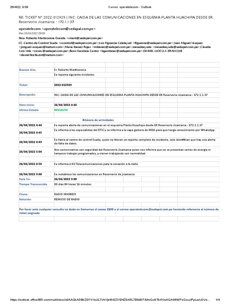 TICKET #2022-012929 INC CAIDA DE LAS COMUNICACIONES EN ESQUEMA PLANTA HUACHIPA DESDE ER ...