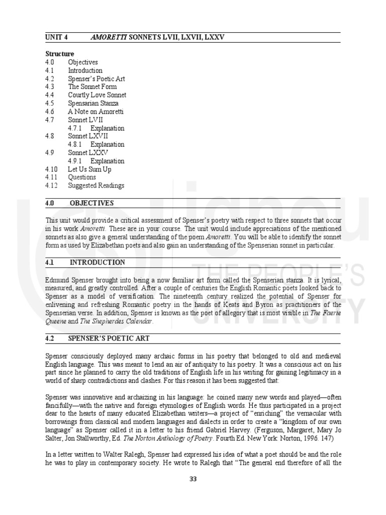 Unit-4 Amoretti Sonnets LVII, LXVII, LXXV | PDF | Edmund Spenser | Poetry