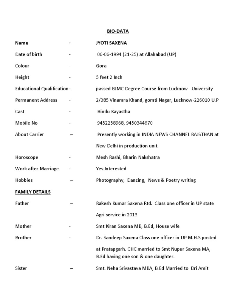 Bio-Data Name - Jyoti Saxena | PDF