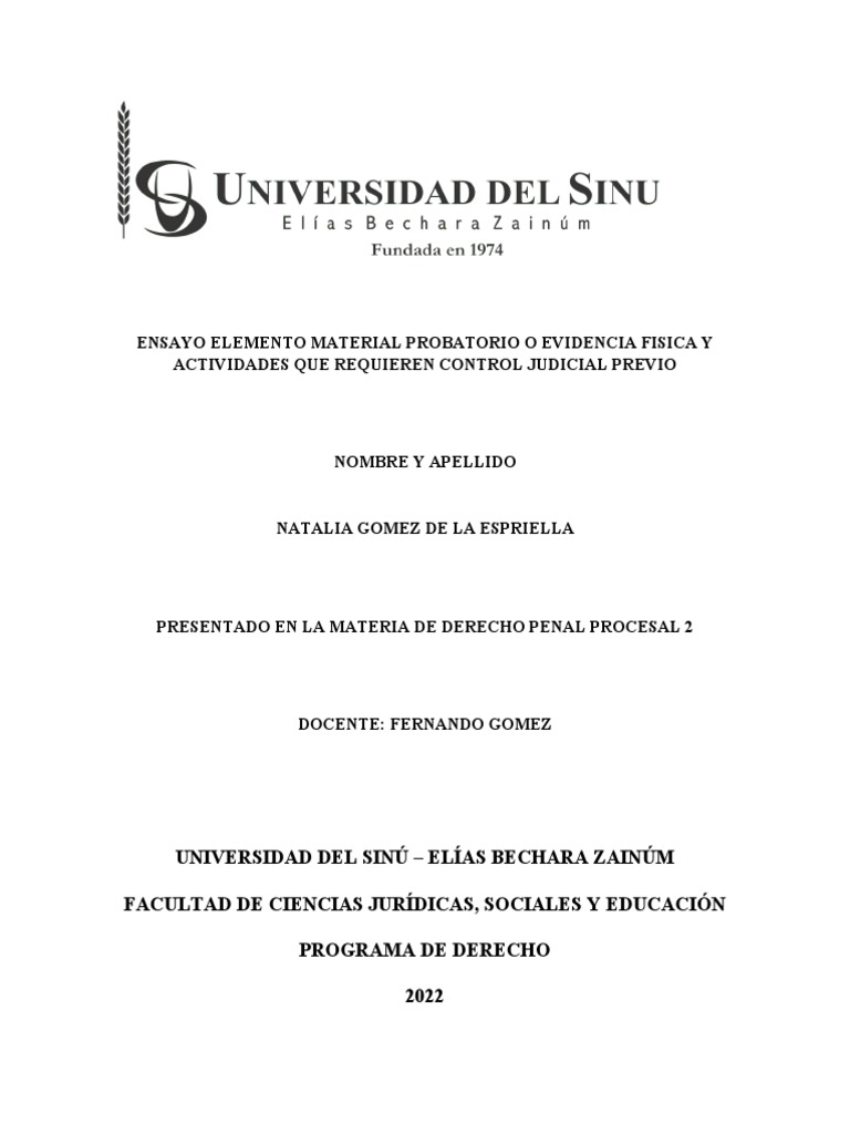 Ensayo Elemento Material Probatorio o Evidencia Fisica y Actividades ...