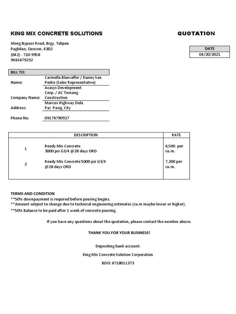 King Mix Concrete Solutions Quotation | PDF