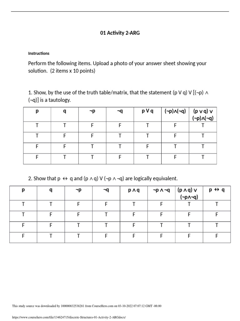 Discrete Structures 01 Activity 2 ARG | PDF | Metalogic | Syntax (Logic)