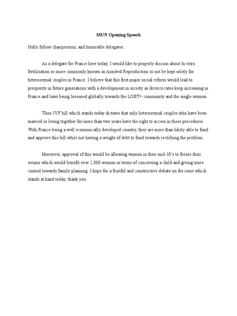 MUN Opening Speech & Position Paper | PDF | In Vitro Fertilisation ...