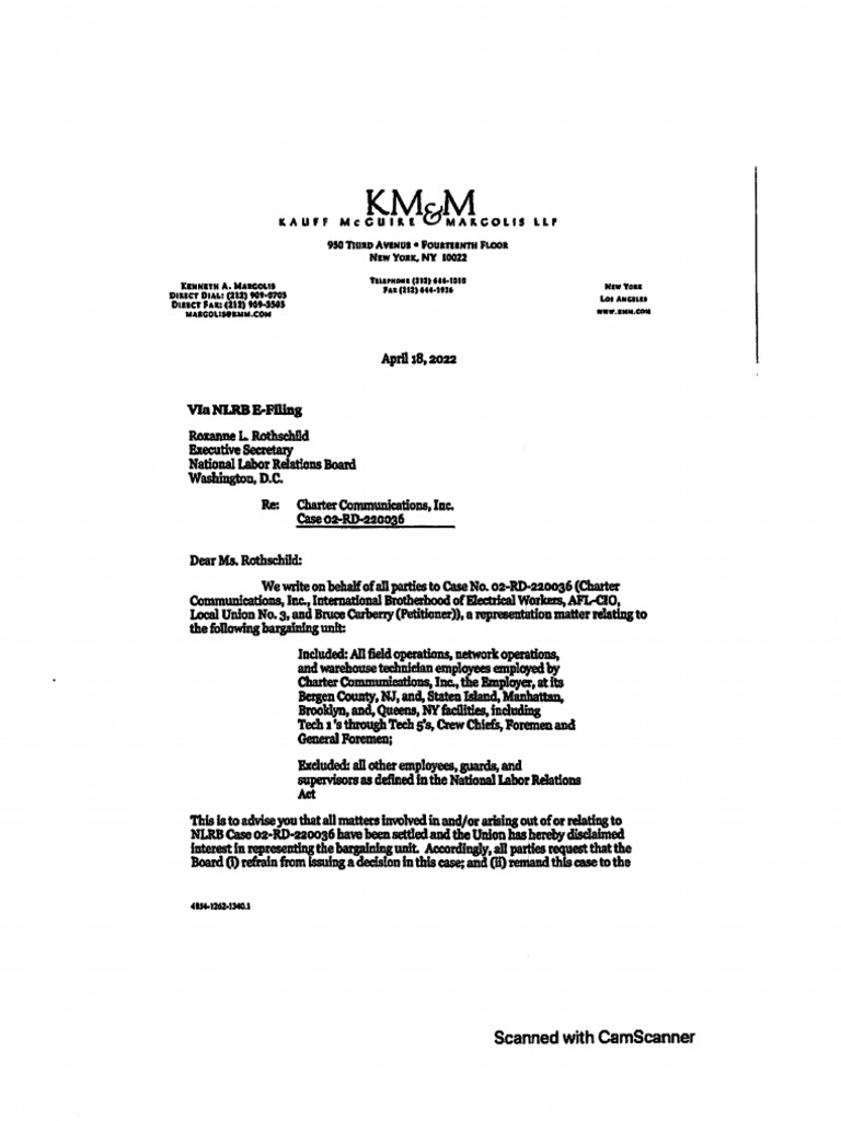 IBEW Letter Disclaiming Interest at Charter Communications | PDF