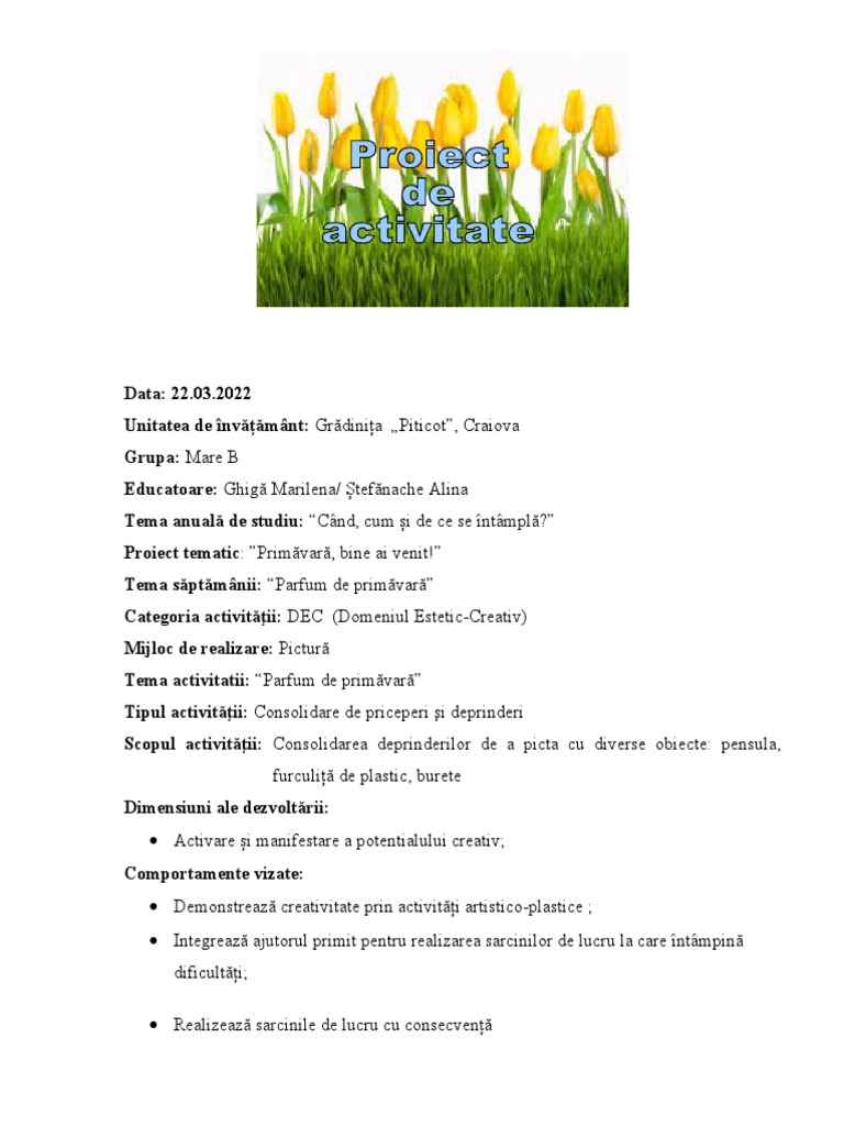Proiect Didactic DEC - Parfum de Primăvară - Pictură | PDF