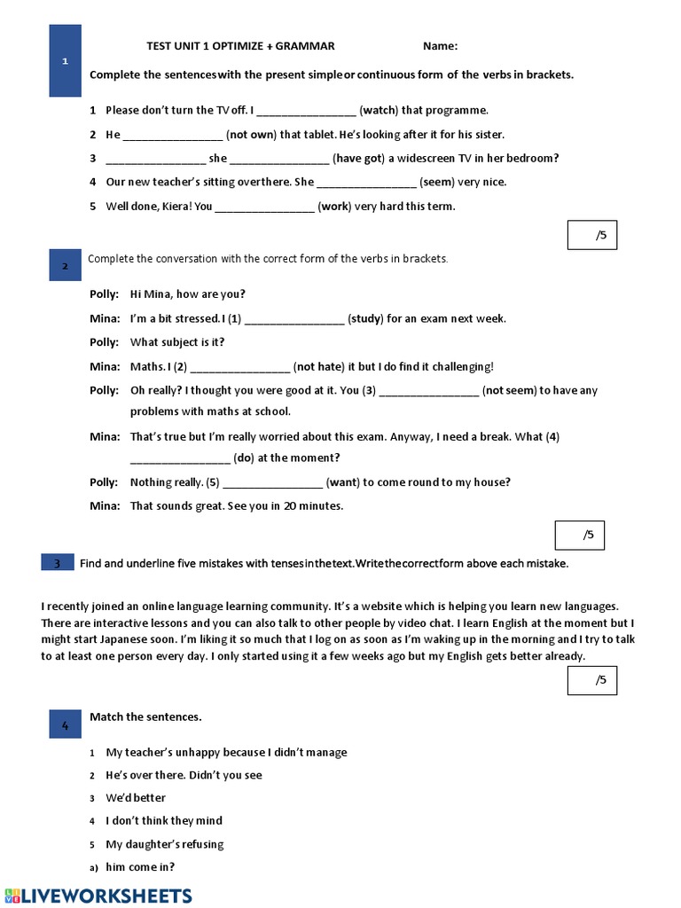 Unit 1 Grammar and Vocabulary Test OPTIMISE B1 | Download Free PDF ...