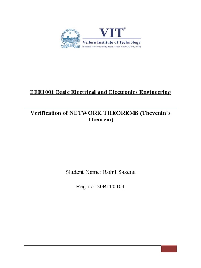 EEE1001 Basic Electrical and Electronics Engineering Verification of NETWORK THEOREMS (Thevenin ...