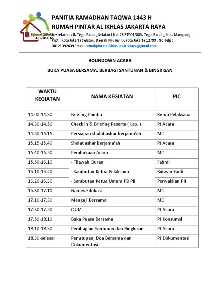 Rundown Acara Bukber Taqwa 1443 H | PDF