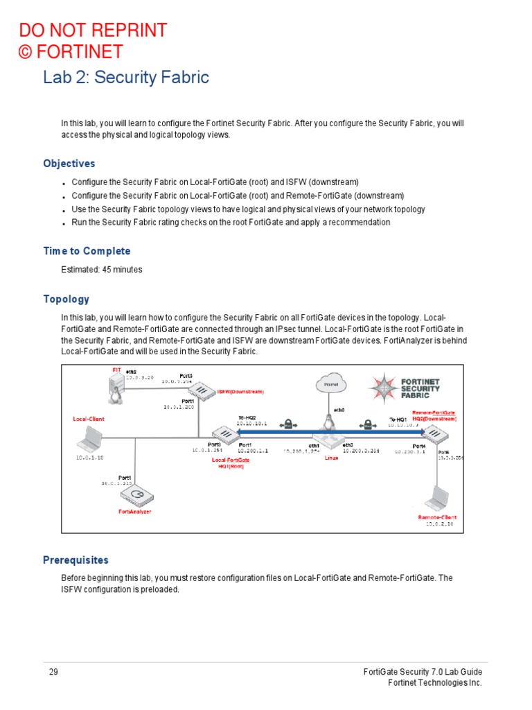 Lab 2: Security Fabric: Do Not Reprint © Fortinet | PDF | Virtual Private Network | Network Topology