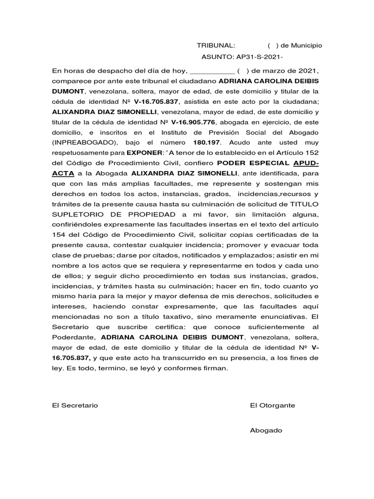 Poder Apud Acta Titulo Supletorio (Adriana Deibis) | PDF