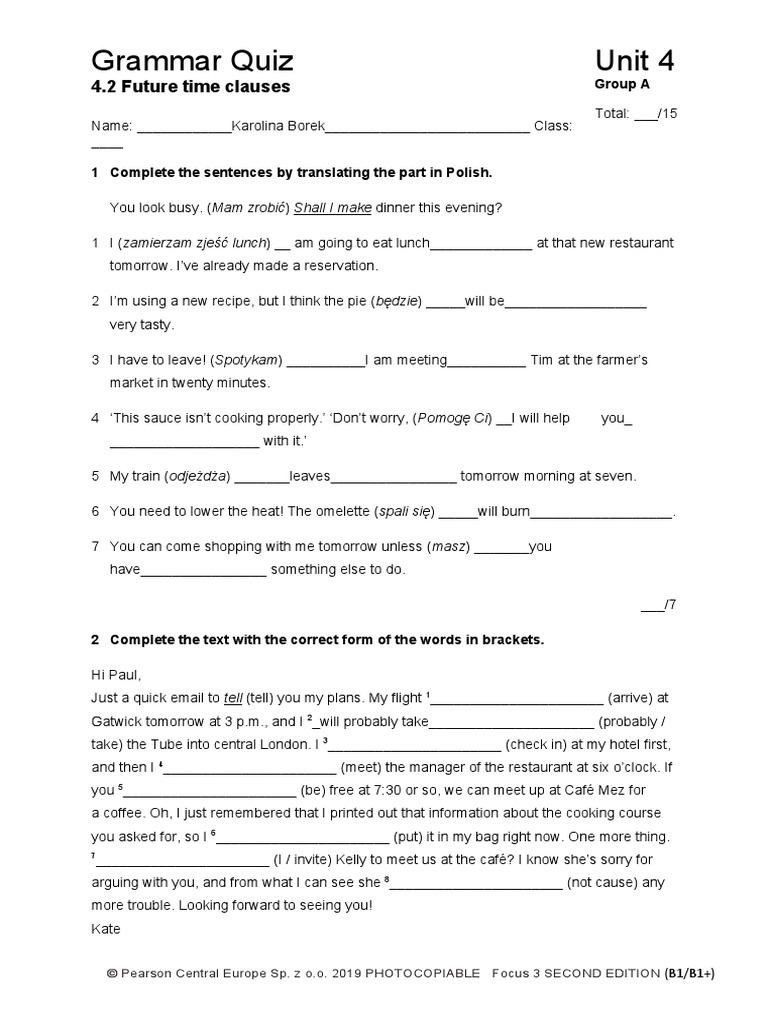 Grammar Quiz Unit 4: 4.2 Future Time Clauses | PDF
