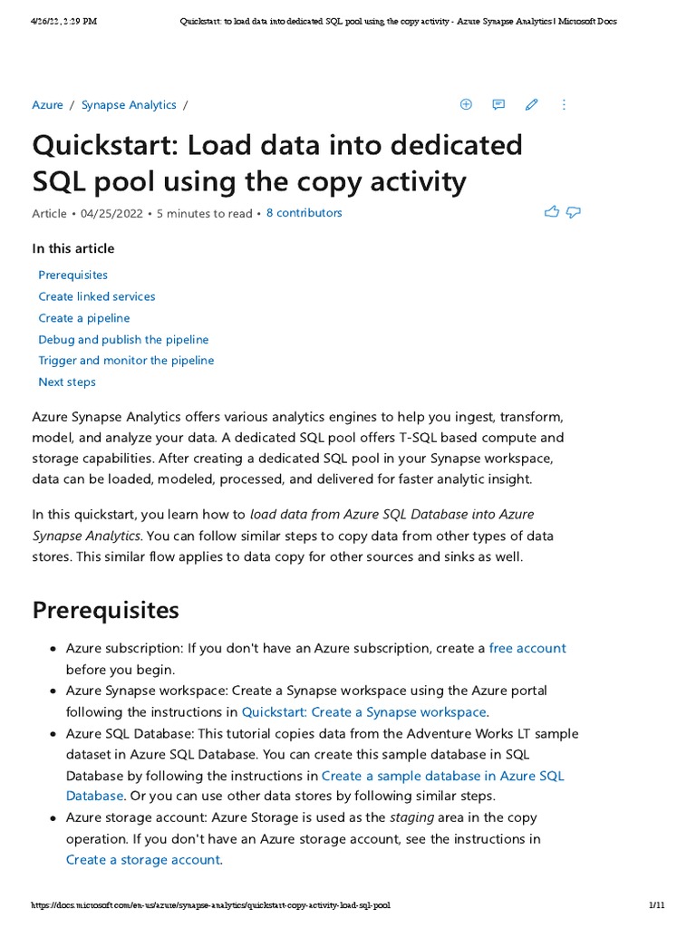 Quickstart - To Load Data Into Dedicated SQL Pool Using The Copy Activity - Azure Synapse ...