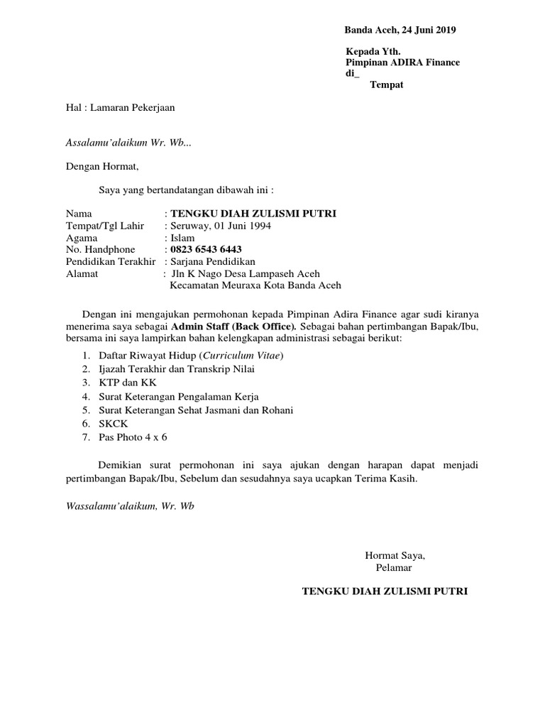 Surat Lamaran Kerja Admin Adira Finance | PDF